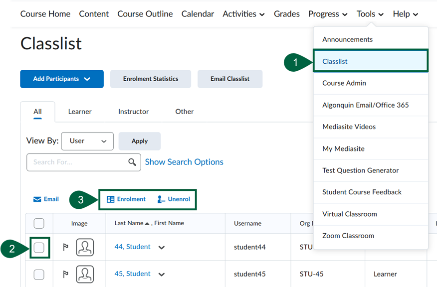 Changing Enrolments and Unenroling Users in a Course