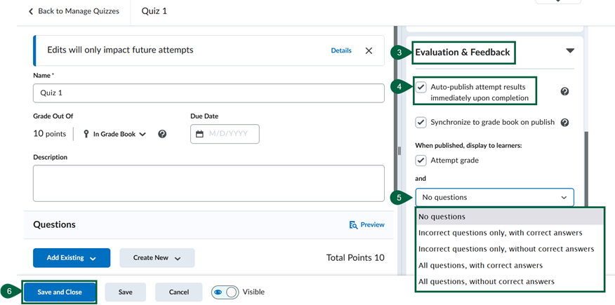 Show Quiz Results to Students