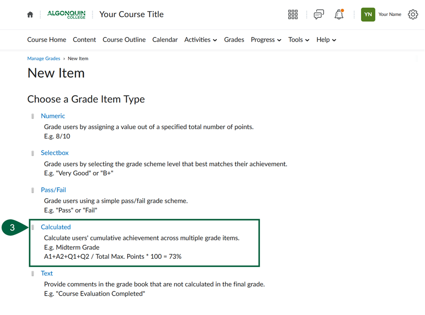 Creating a Calculated Grade Item