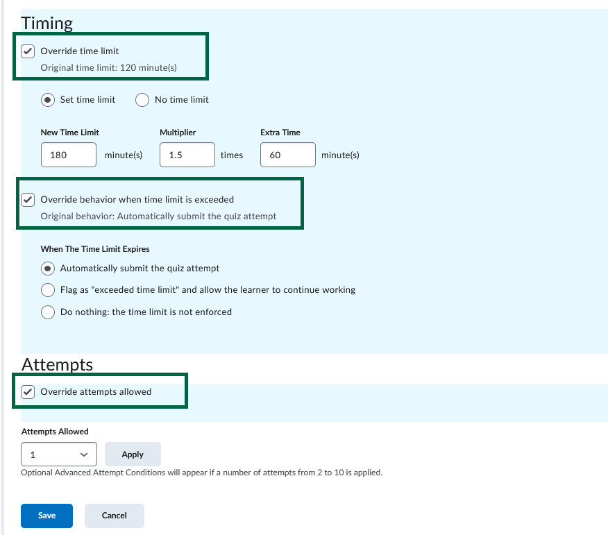Providing a Student with Special Access to a Quiz