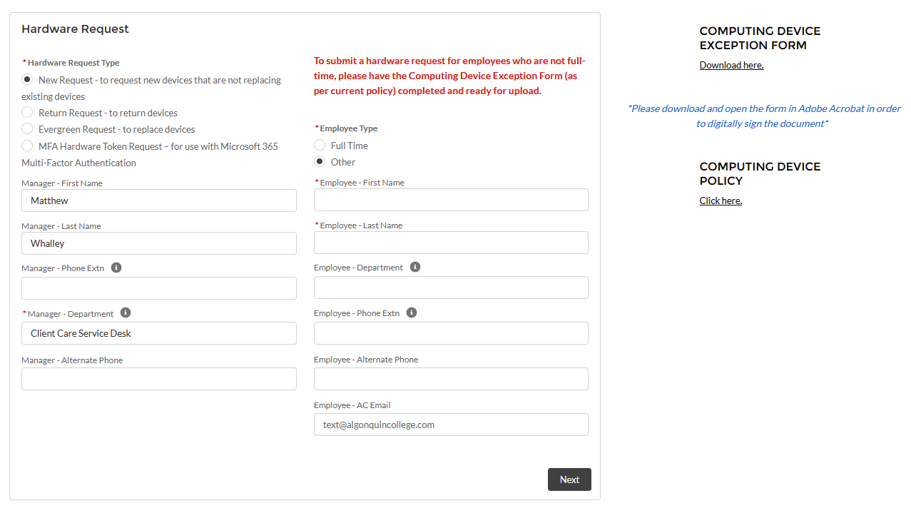 How to submit a Hardware Request or Return